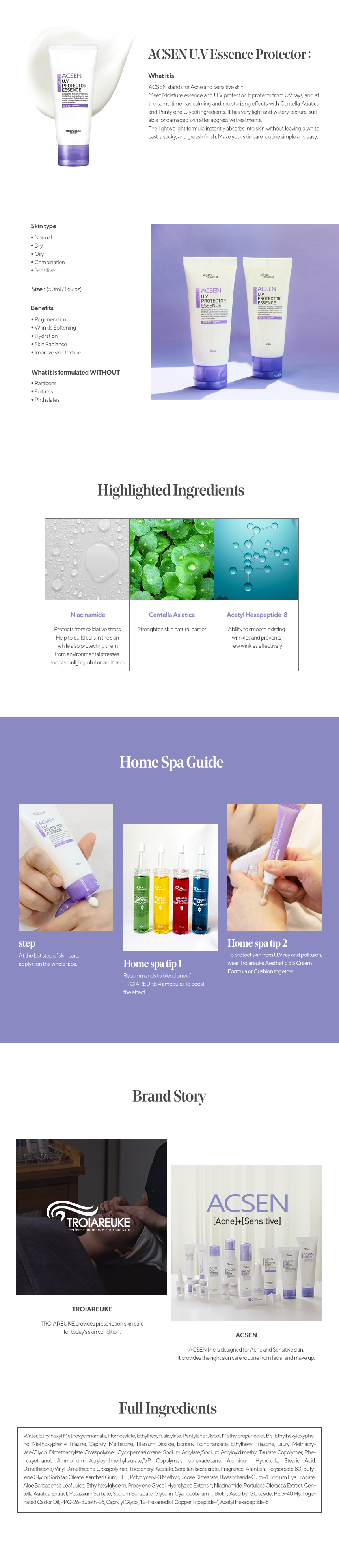 TROIAREUKE - Acsen Uv Protector Essence SPF50+ PA+++ - 50ml | Beauty ...