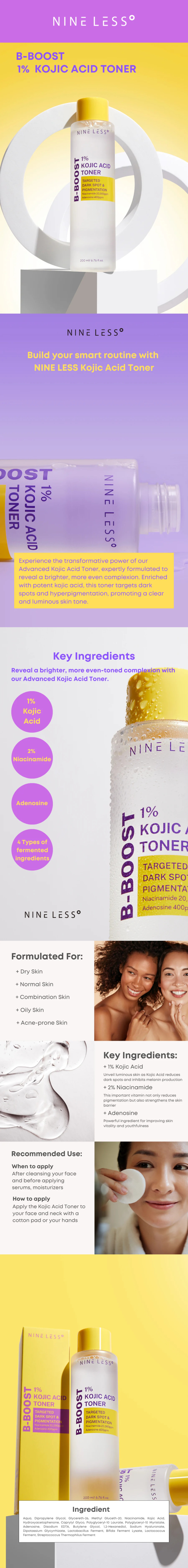 NINE LESS - B-Boost 1% Kojic Acid Toner - 200ml | Beauty Amora | Korean ...